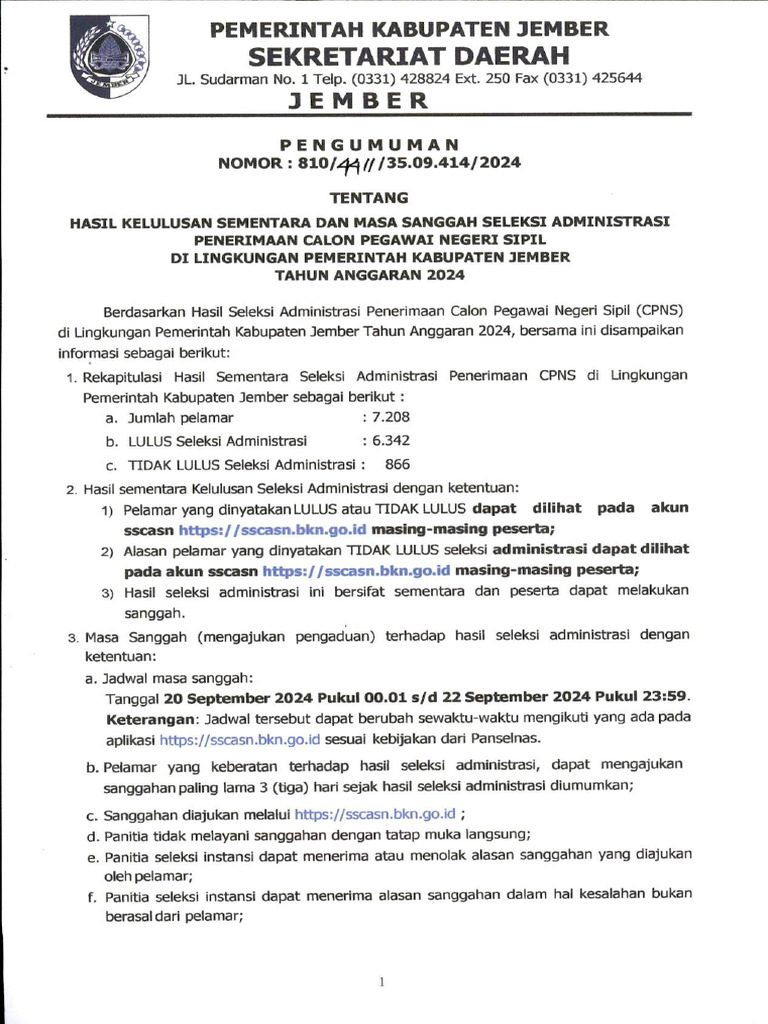 Pengumuman Kelulusan Sementara Dan Masa Sanggah Seleksi Adm Cpns 2024 All | PDF