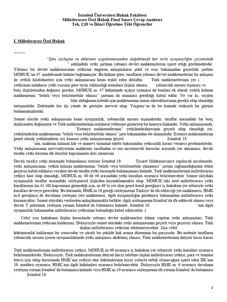Milletlerarasi Ozel Hukuk Final Sinavi Cevap Anahtari | PDF
