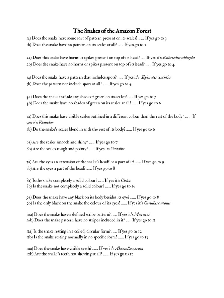 The Snakes of The Amazon Forest Dichotomous Key - Enaya | PDF