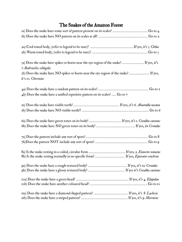 The Snakes of The Amazon Forest Dichotomous Key - Enaya | PDF