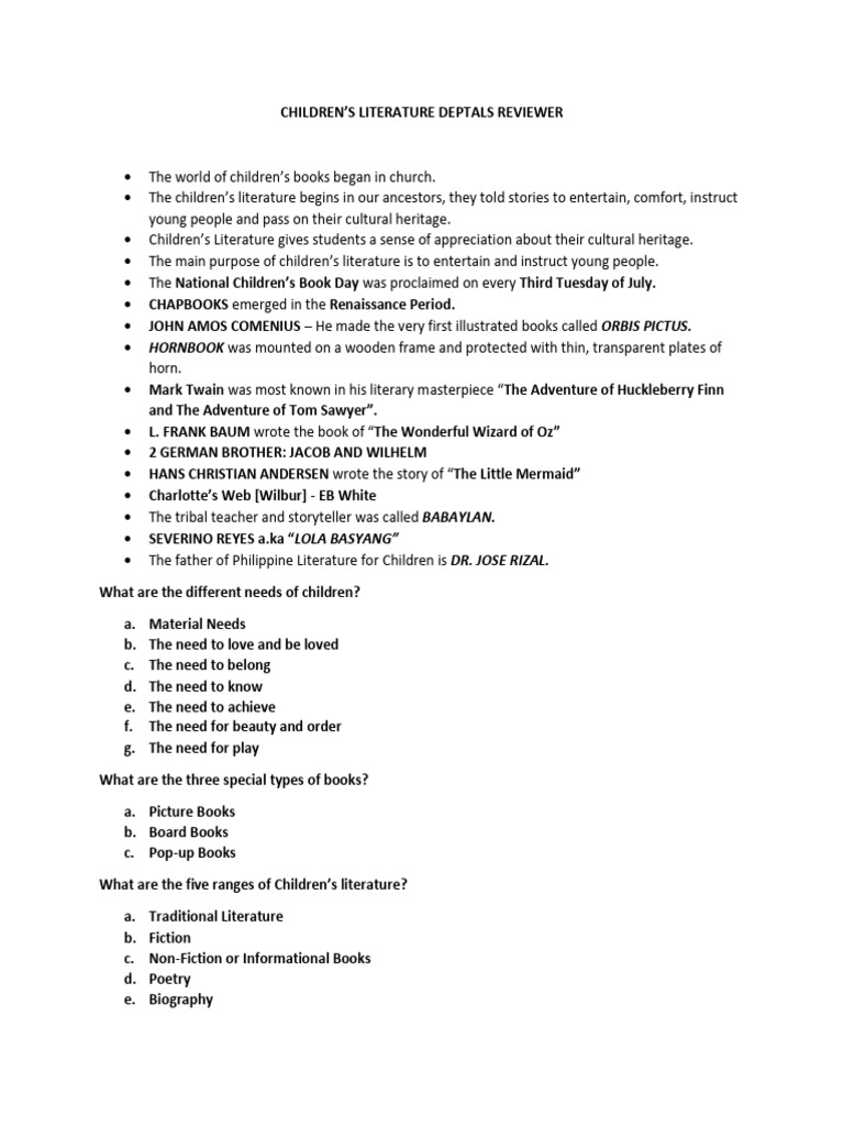 Children's Lit Deptals Reviewer | PDF | Social Science | Classics