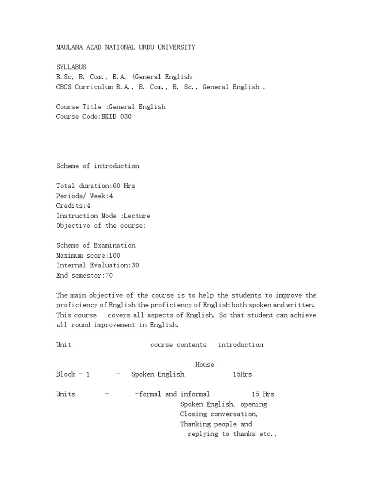 BA-BCom - BSC - General English - Syllabus | PDF | English Language | Foreign Language Studies