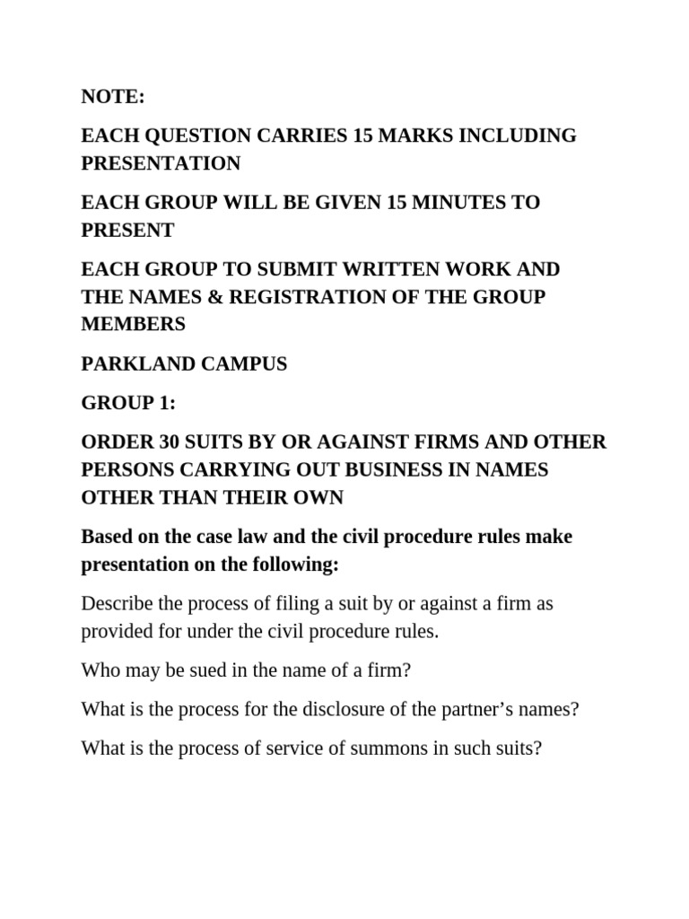Uon Civil Procedure Two Group Work Activitiess | PDF