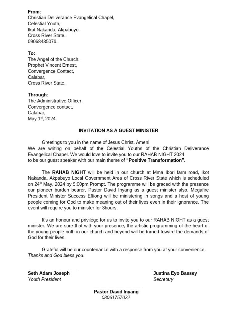 Letter of Invitation To Prophet Vincent Ernest | PDF | Systematic ...