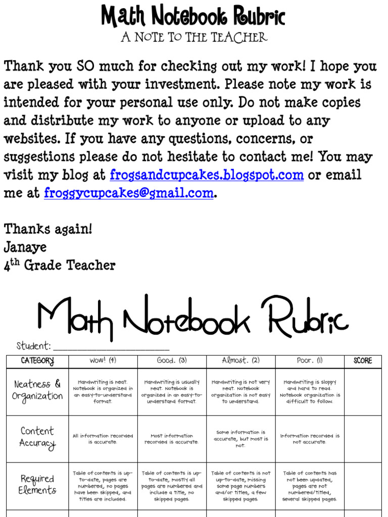 Math Notebook Rubric | PDF Math Notebook Rubric | PDF