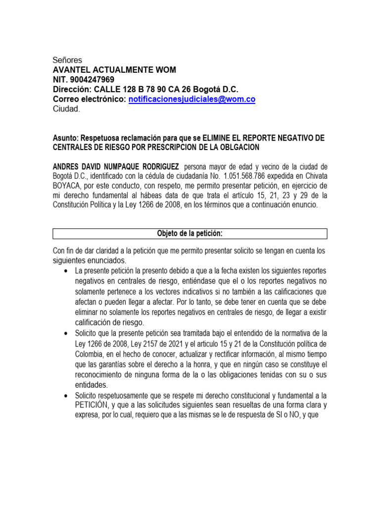 Andres David Numpaque Rodriguez a Wom Antes Avantel de Carlos Olaya ... Andres David Numpaque Rodriguez a Wom Antes Avantel de Carlos Olaya ...