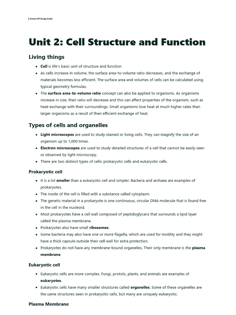 Unit 2 - Cell Structure and Function Notes - Knowt | PDF