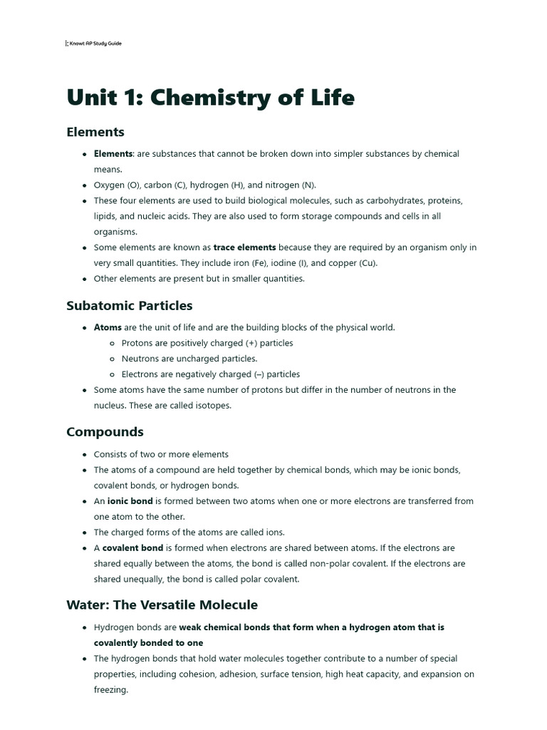 Unit 1 - Chemistry of Life Notes - Knowt | PDF
