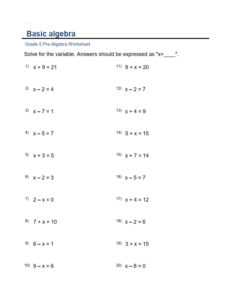 Grade 5 Basic Algebra B Pdf