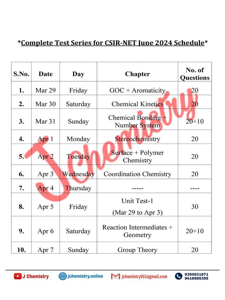 J Chemistry CSIR-NET Ju 2024 Test Series Schedule | PDF