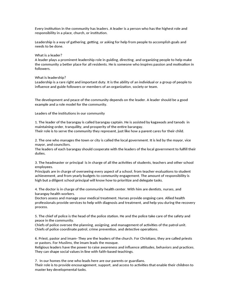 Leaders in The Community Lesson | PDF