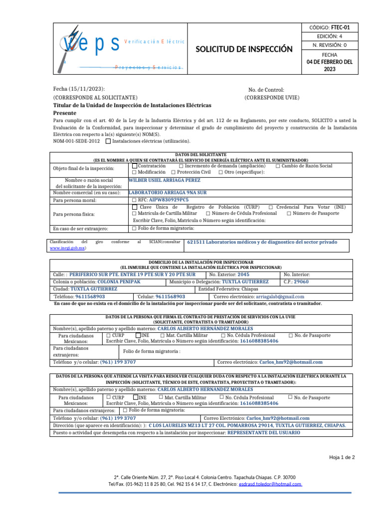 Solicitud de Inspeccion Lab. Arriaga | PDF