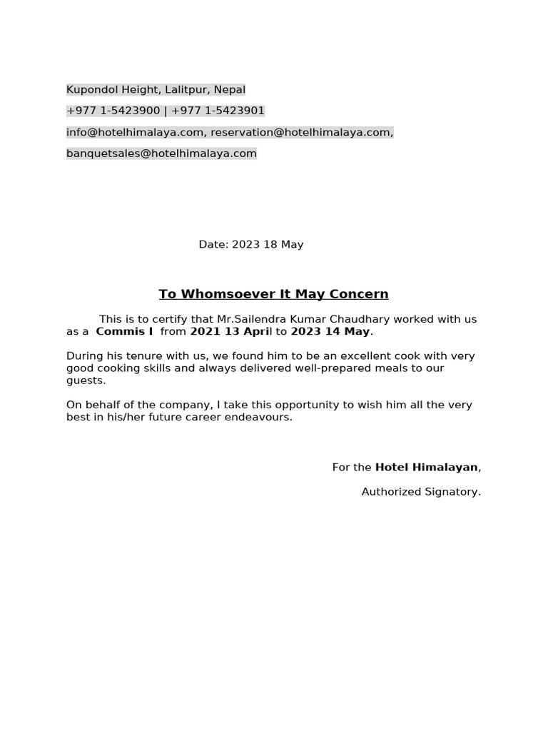 Hotel Cook Experience Certificate | PDF