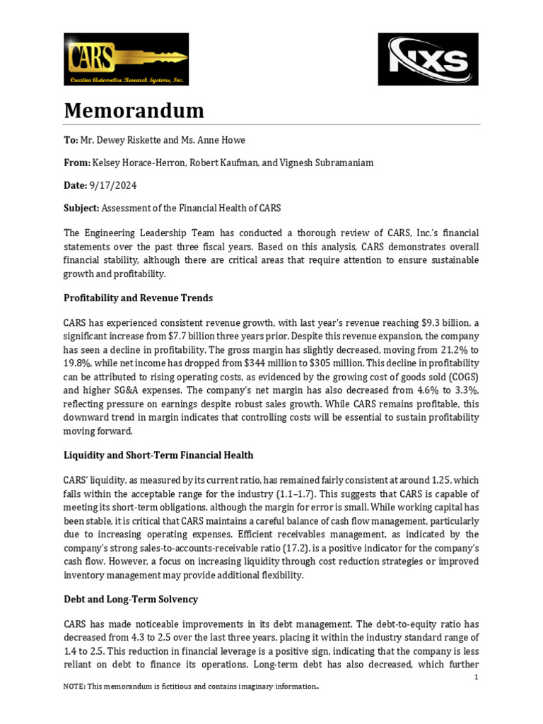 CARS Business Memo | PDF