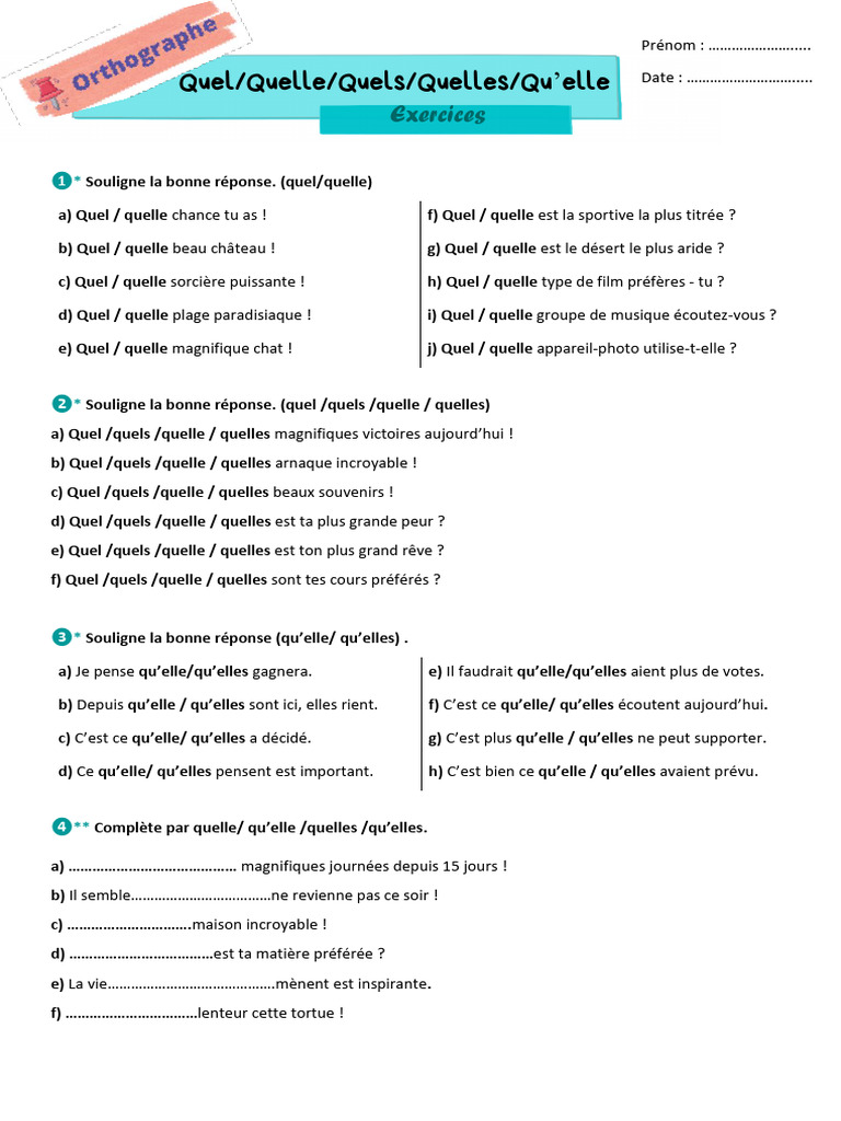 Pe6eme Exercices 6ème Homophones Quel Quelle Quels Quelles Quelle | PDF ...