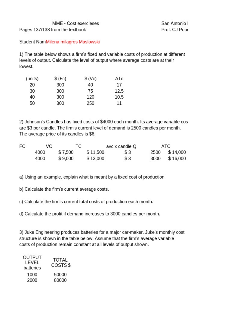 Costs Exercise | PDF