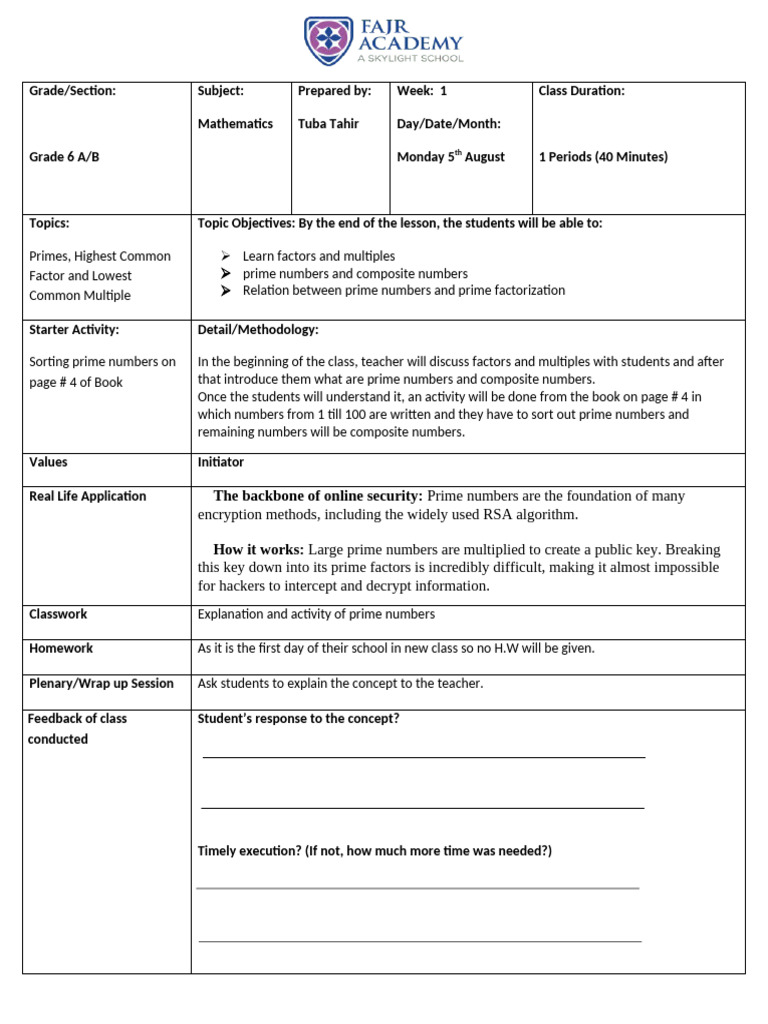 Math Grade 6 Week 1 (5 - 9 August) | PDF