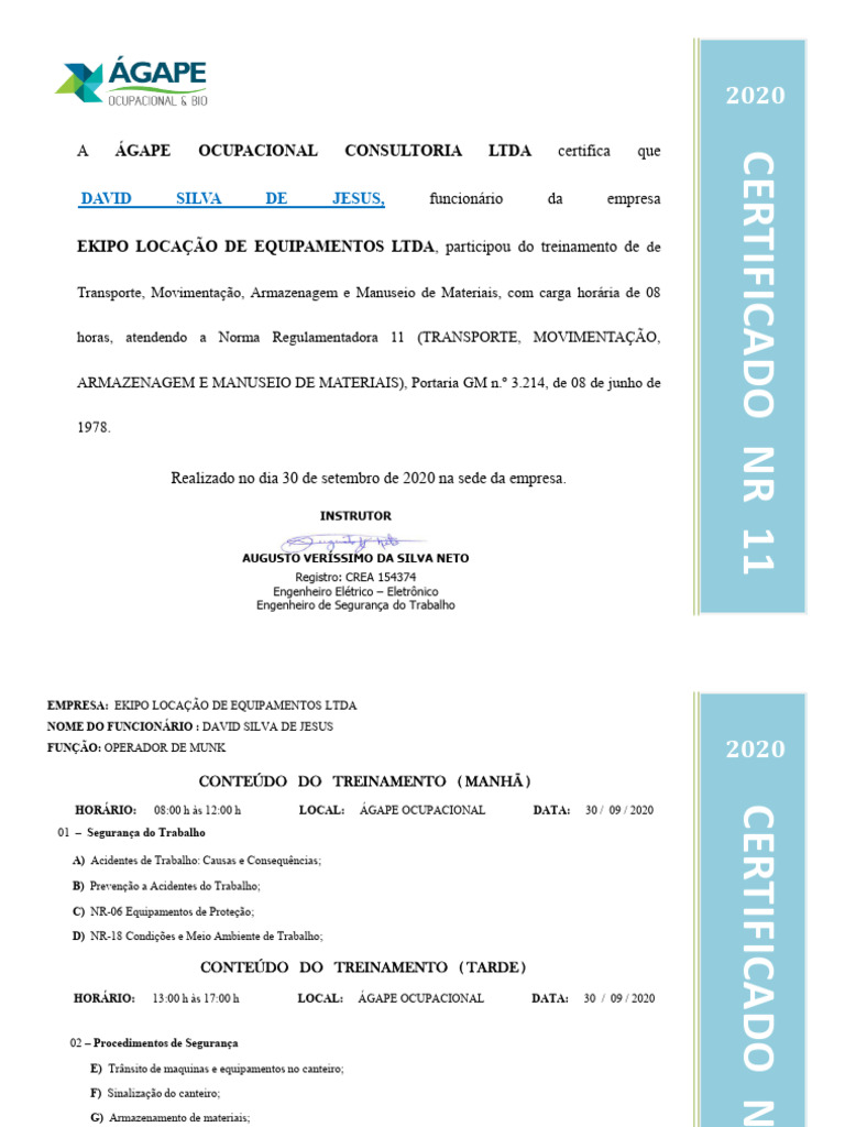 Certificado NR 11 - EKIPO - David Silva de Jesus | PDF