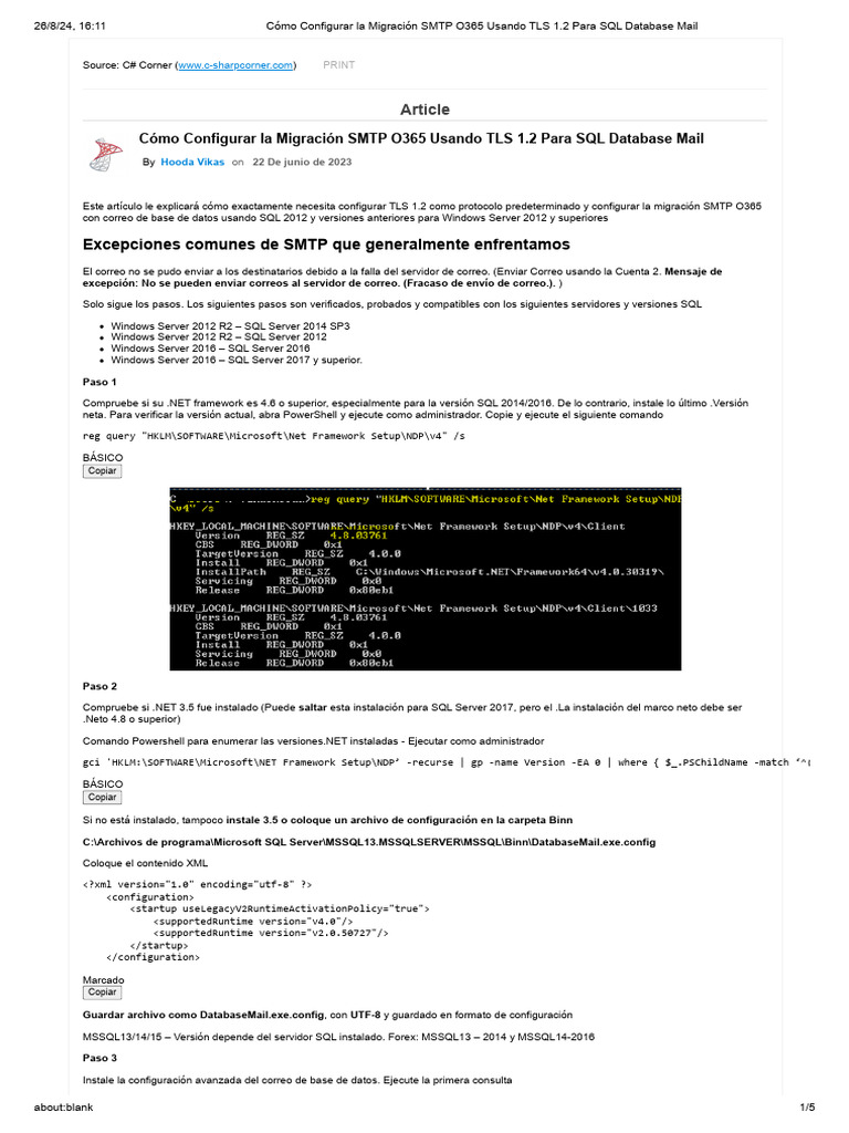 Cómo Configurar La Migración SMTP O365 Usando TLS 1.2 para SQL Database Mail | PDF