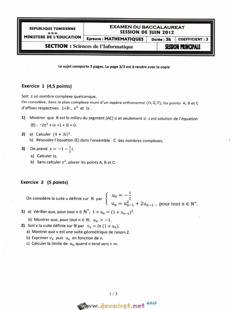 Série D'exercices - Math - Examen Du Baccalaureat - Bac SI (2014-2015 ...