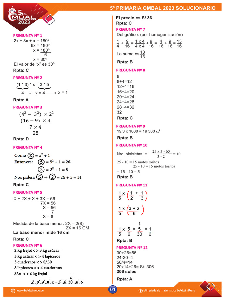 PRIMARIA V OMBAL SOLUCIONARIO - 5 PRIMARIA 1 Fase | PDF