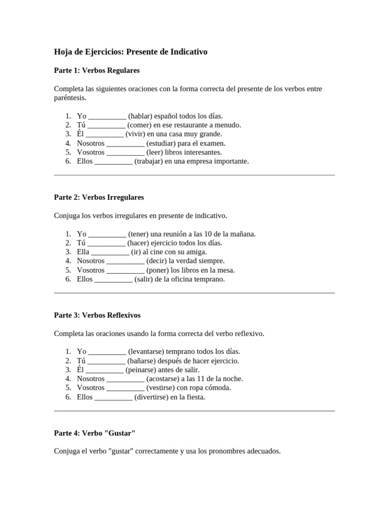 Hoja de Ejercicios Verbos Presente | PDF