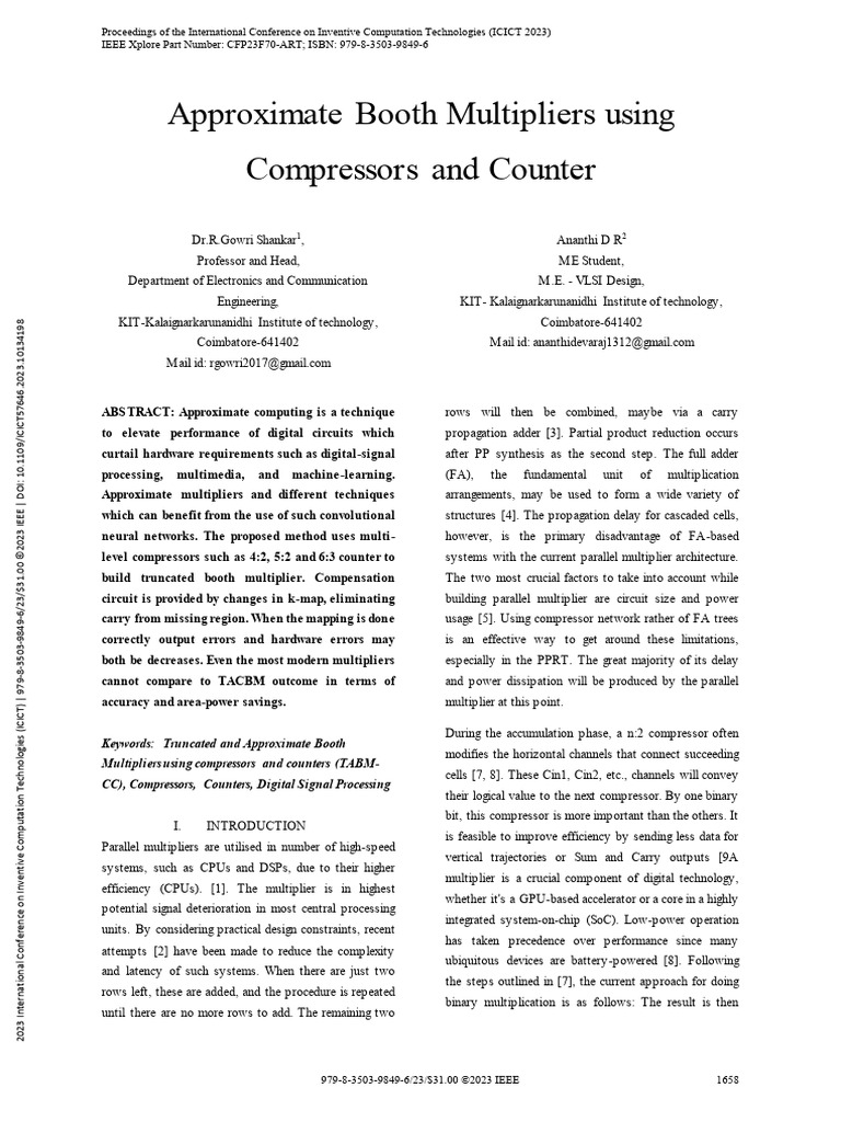 Approximate Booth Multipliers Using Compressors and Counter | PDF