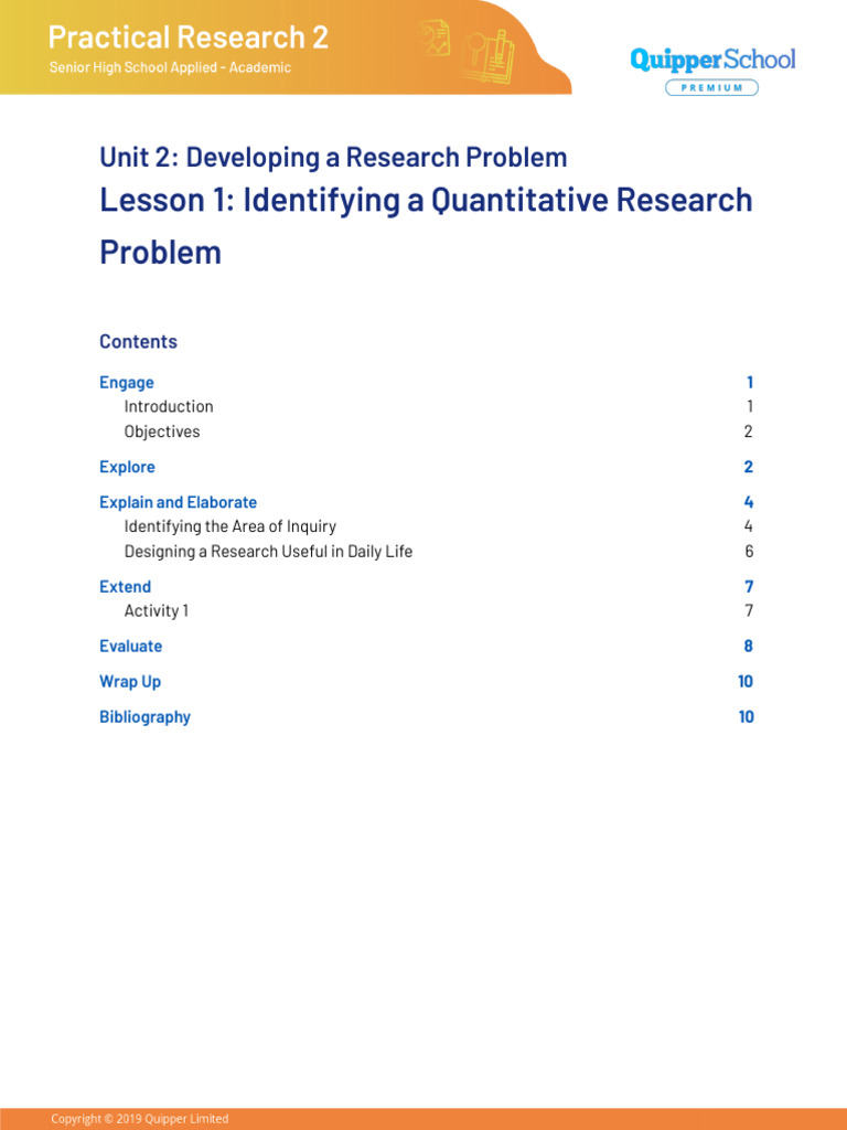 FINAL SG - PR2 11 - 12 - UNIT 2 - LESSON 1 - Identifying A Quantitative Research Problem 1 | PDF