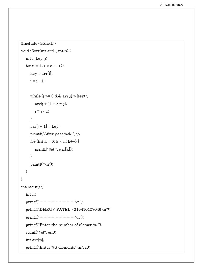 Insertion Sort Program | PDF