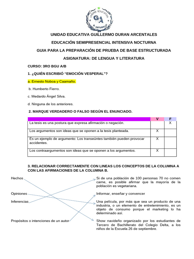 CUESTIONARIO LENGUA Y LITERATURA 3RO EXAMEN GRADO | PDF