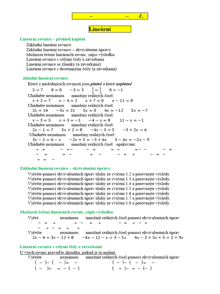 PL 1 Linearni Rovnice | PDF
