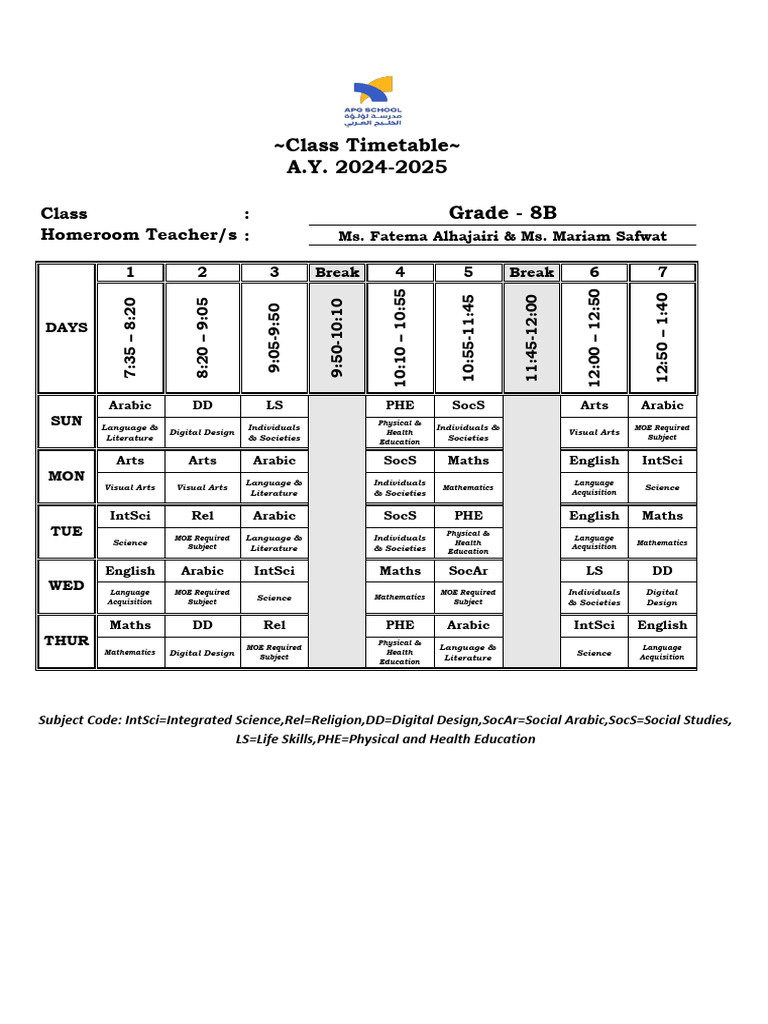 8b Myp Class Timetable A.Y. 2024-2025 | PDF