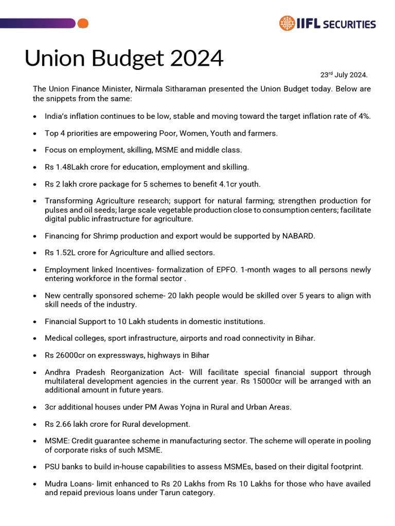 Union Budget 2024 Snippets Edited | PDF