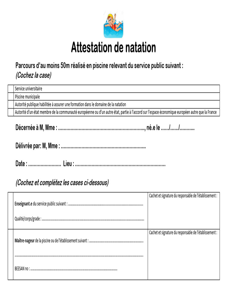 Exemple Attestation Natation 50m | PDF