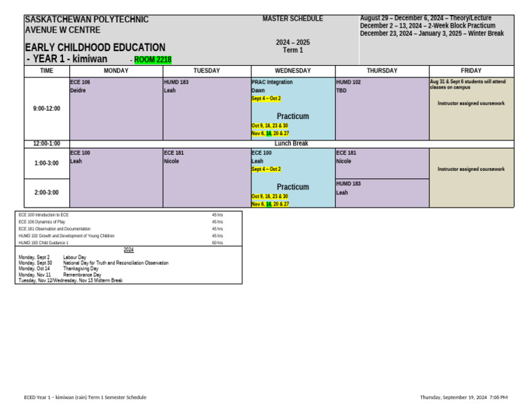 ECE - Kimiwan Term 1 Schedule 2024-2025 | PDF