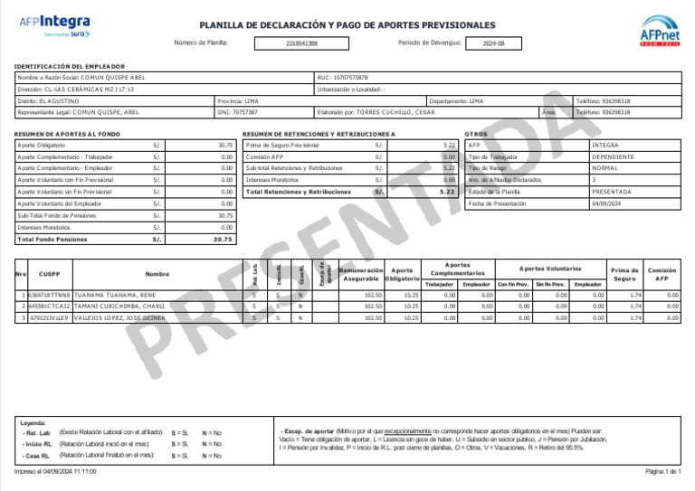PLANILLA DE DECLARACIÓN Y PAGO DE APORTES PREVISIONALES - AFP INTEGRA ...