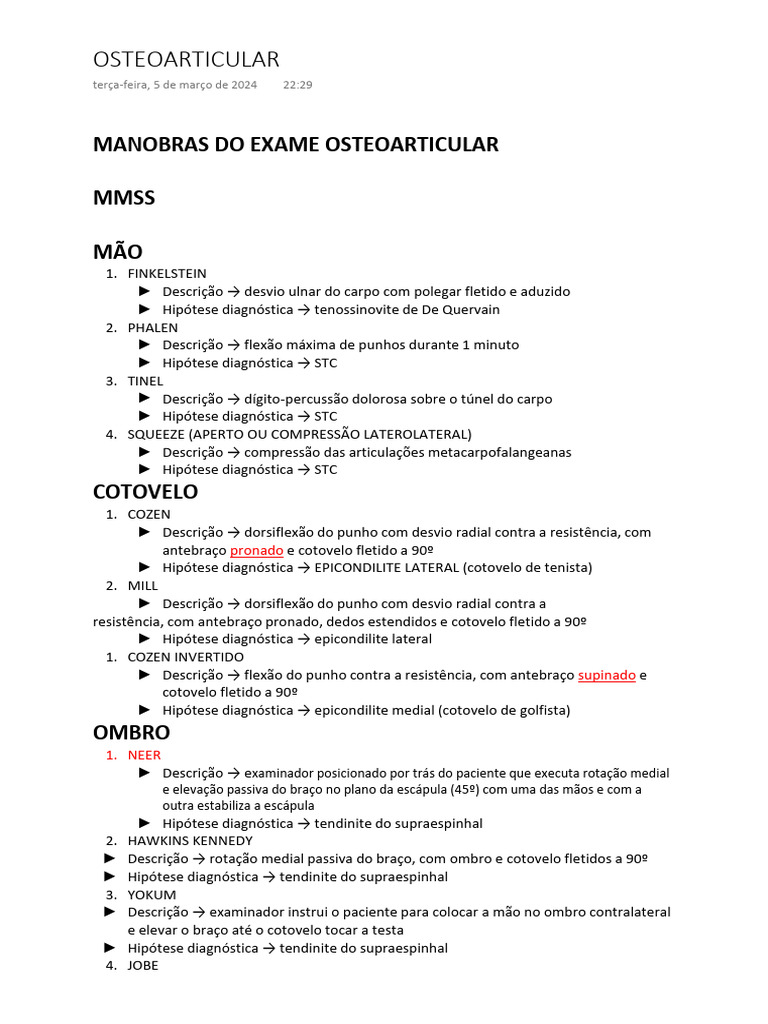 Descrição Das Manobras de Exame Osteoarticular para MMSS | PDF