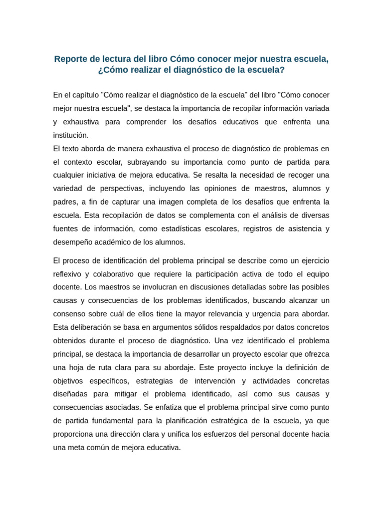 Reporte de lectura del libro Cómo conocer mejor nuestra escuela | PDF