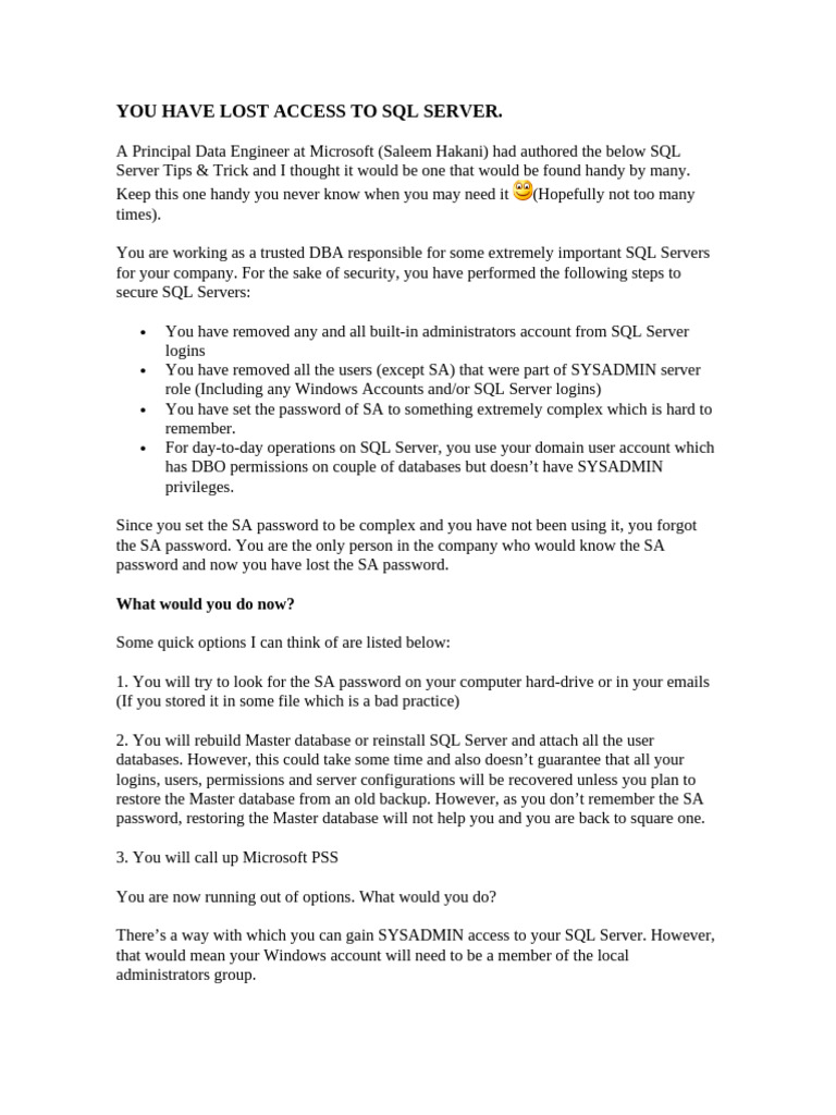 You Have Lost Access To SQL Server | PDF