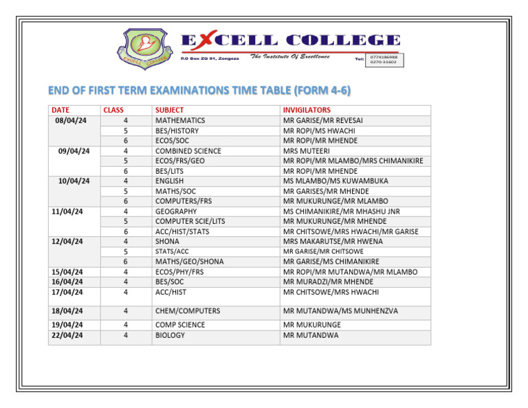 End of Term 1 Examinations Time Table (Form 4-6) | PDF