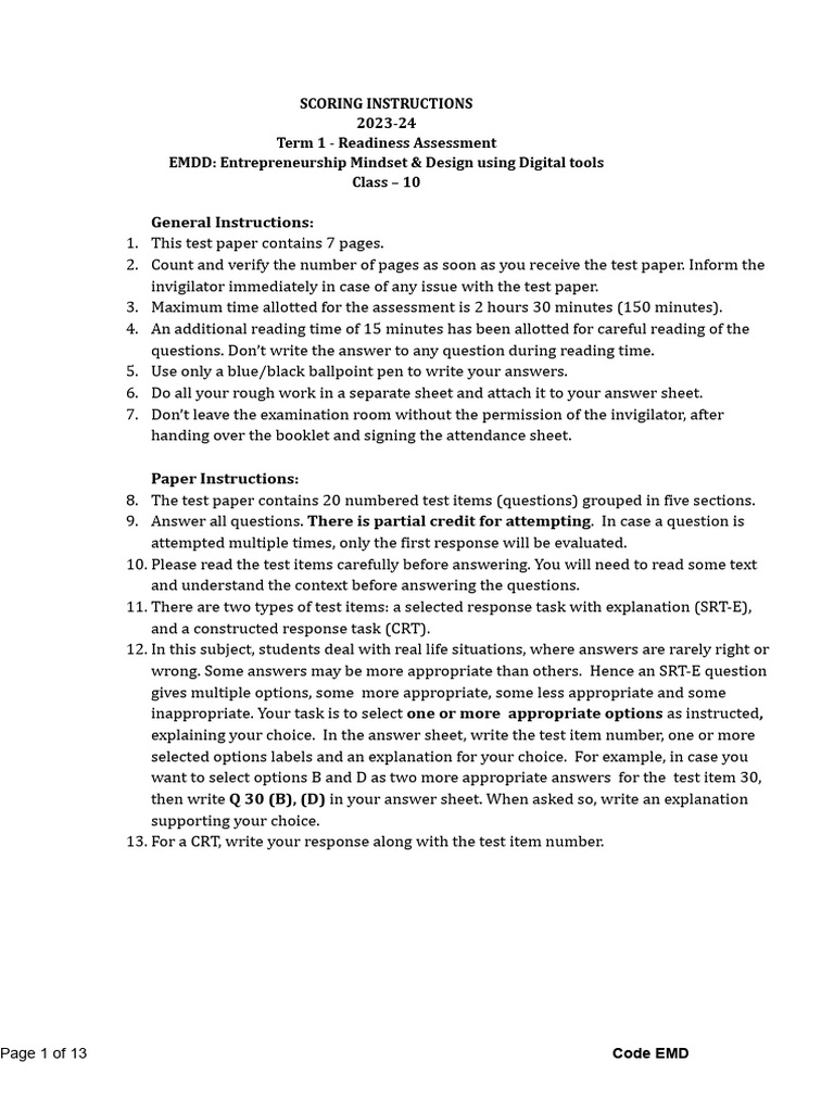 Scoring Instructions EMDD 23-24 Class 10 Term 1 Readiness | PDF