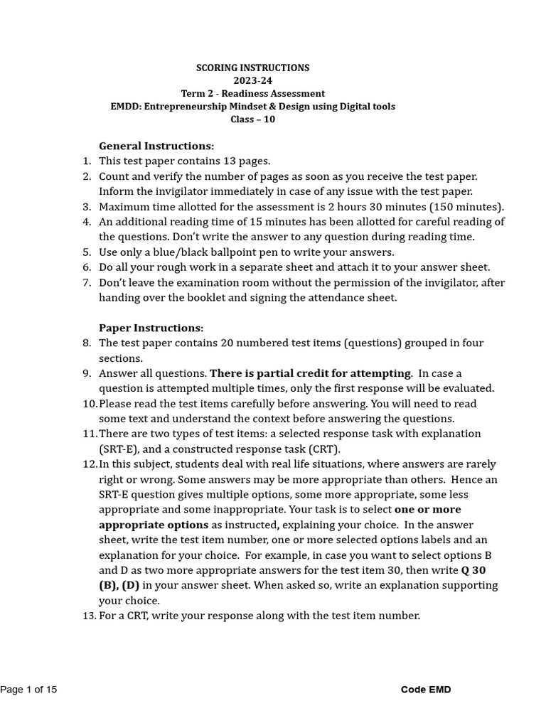 Scoring Instructions EMDD 23-24 Class 10 Term 2 Readiness | PDF