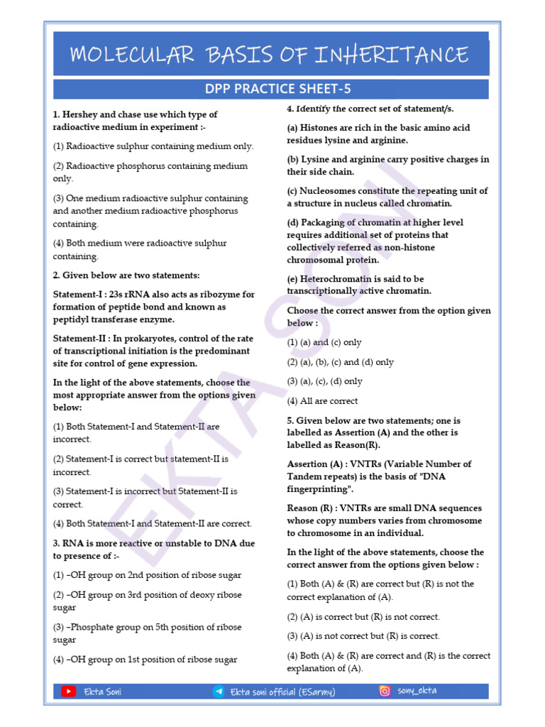 Molecular Basis of Inheritance - DPP | PDF Molecular Basis of Inheritance - DPP | PDF