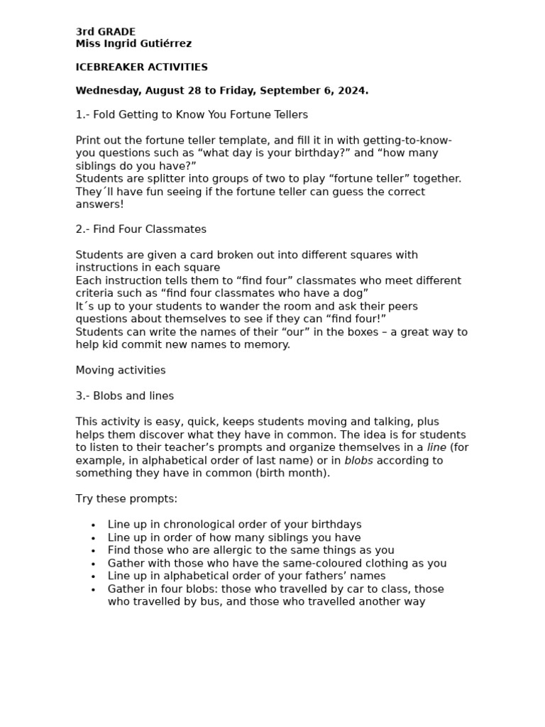 3rd GRADE ICEBREAKER ACTIVITIES | PDF