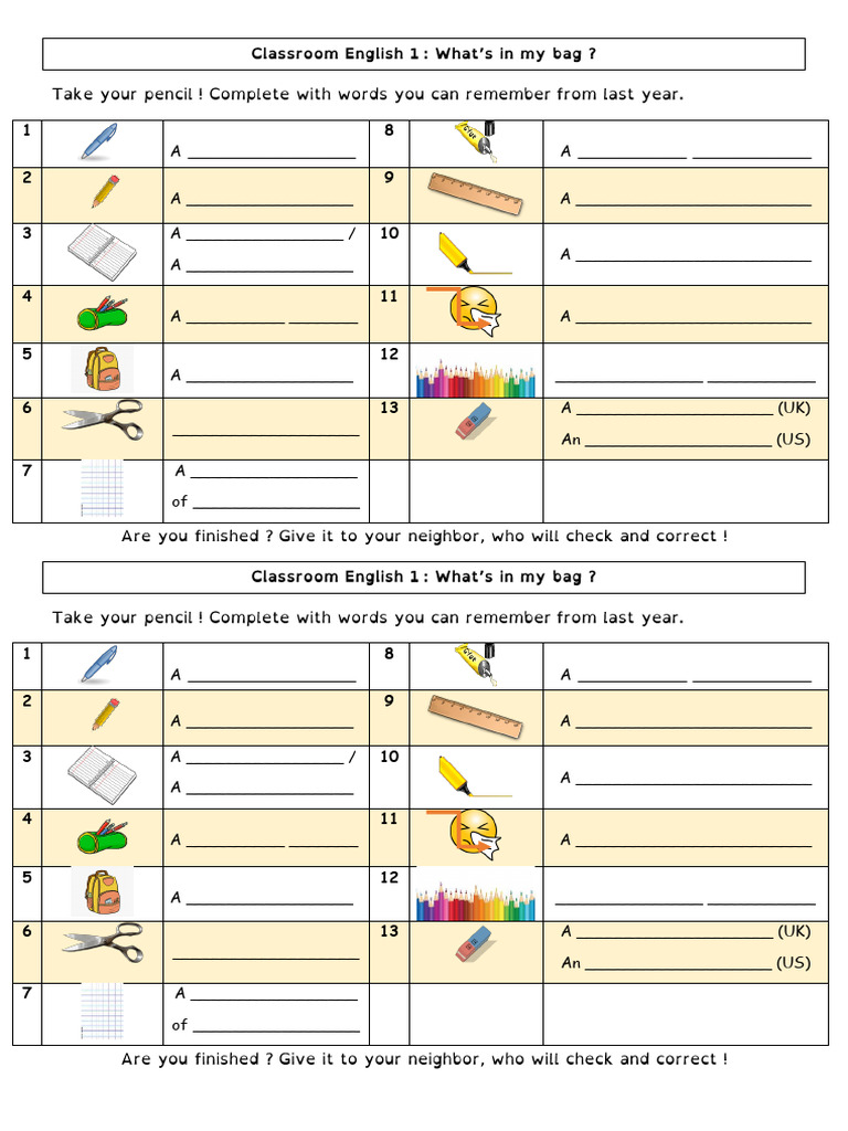 1 - What's in My Bag (Worksheet) | PDF