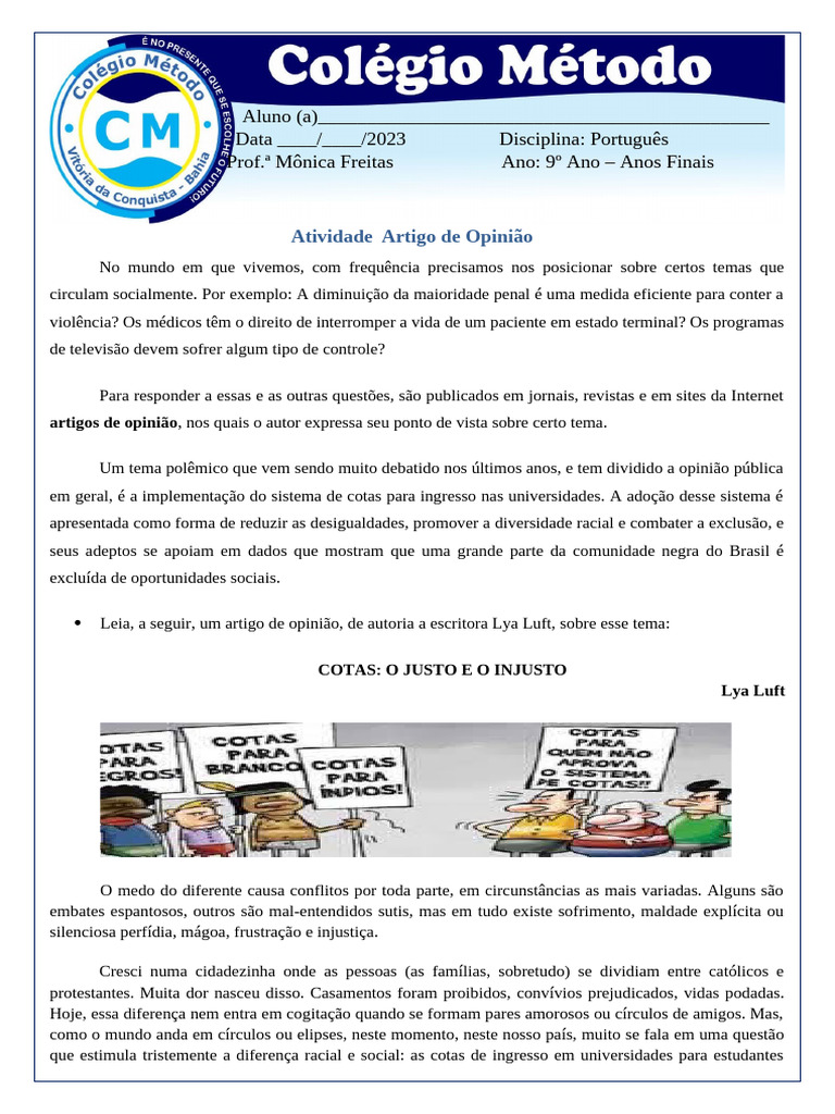 Atividade 9º Ano - Atigo de Opinião ok | PDF