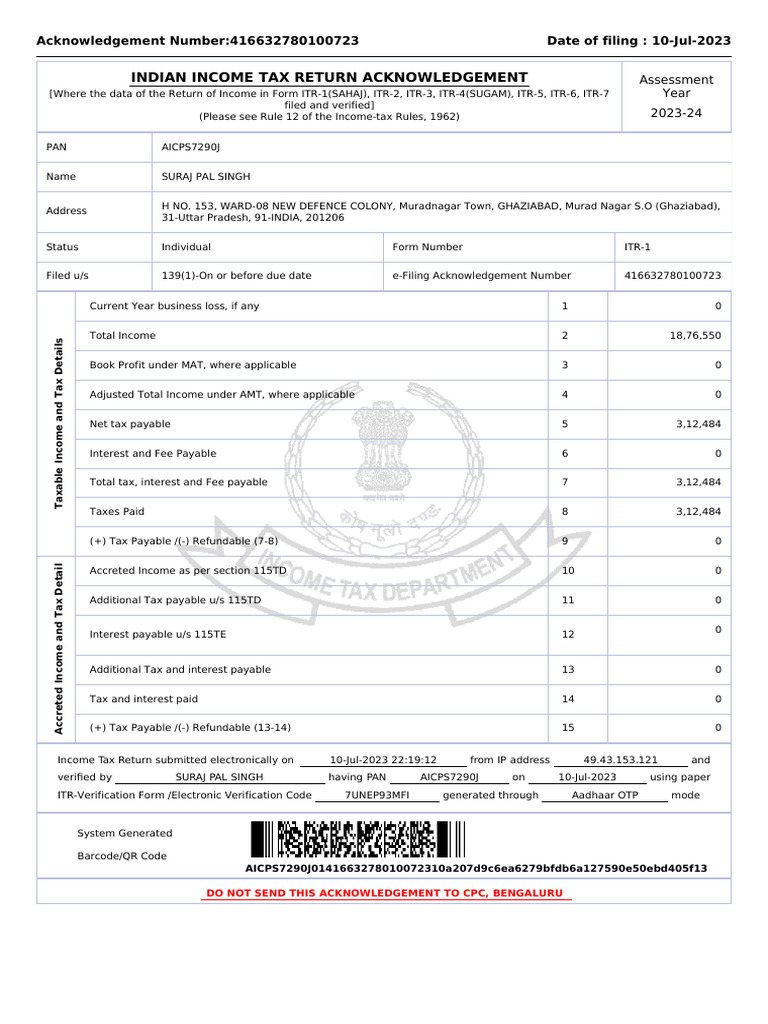 Indian Income Tax Return Acknowledgement: Acknowledgement Number ...