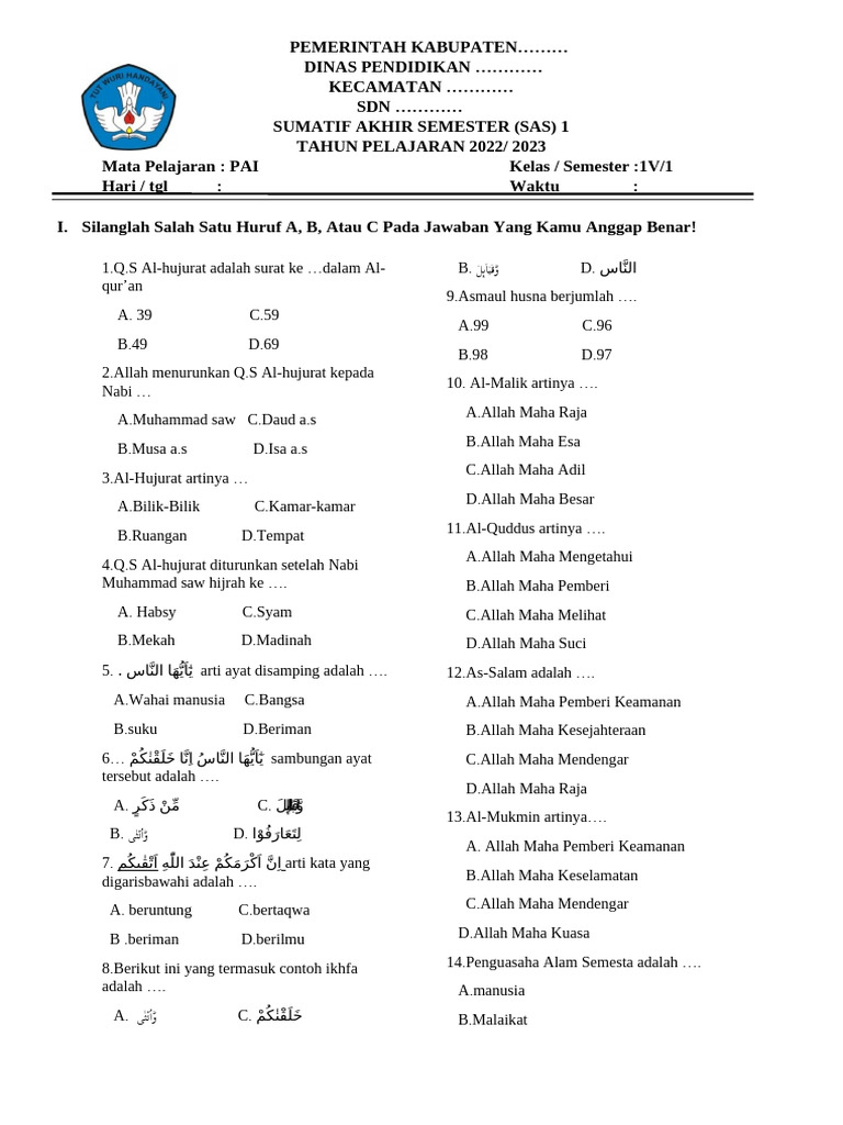 Soal Sumatif PAS PAI Kelas IV Semester 1 | PDF