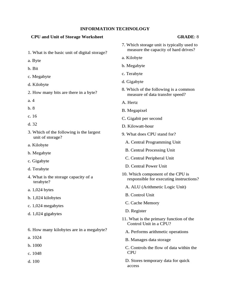 Storage Unit Worksheet | PDF