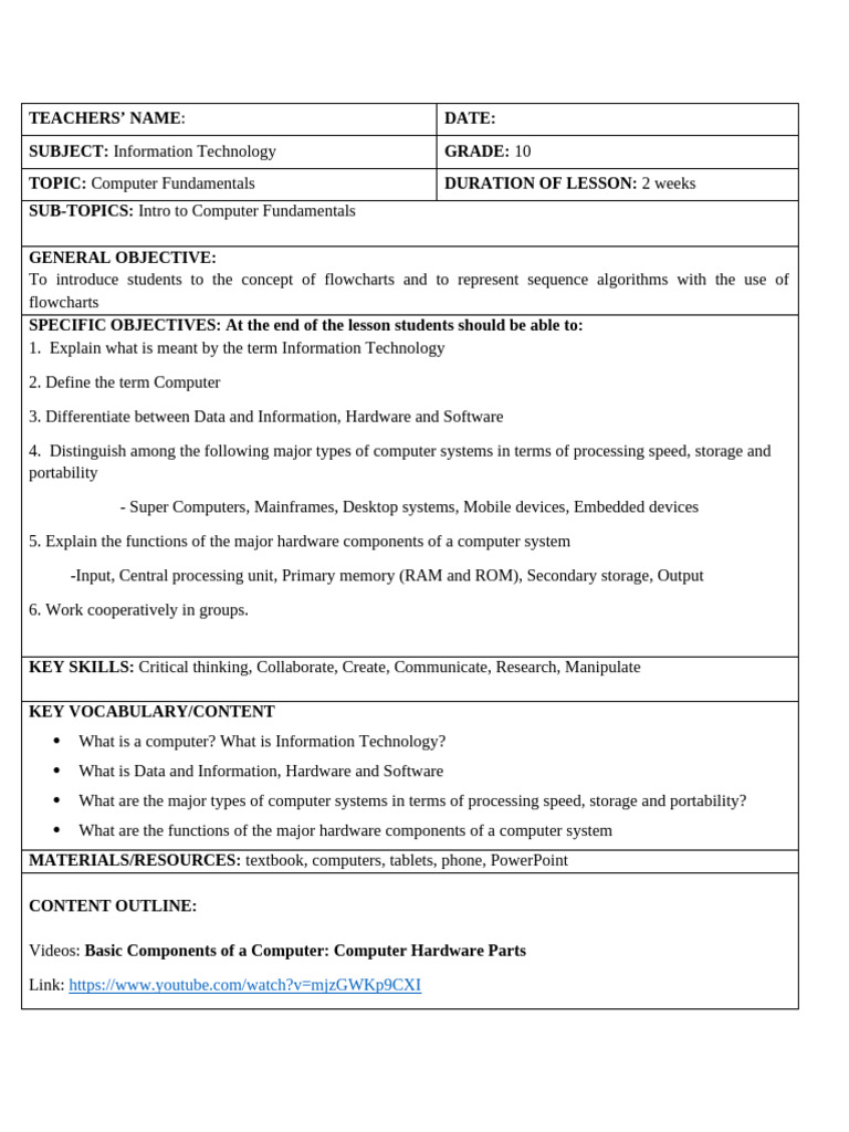 Computer Fundamentals - Lesson Plan | PDF